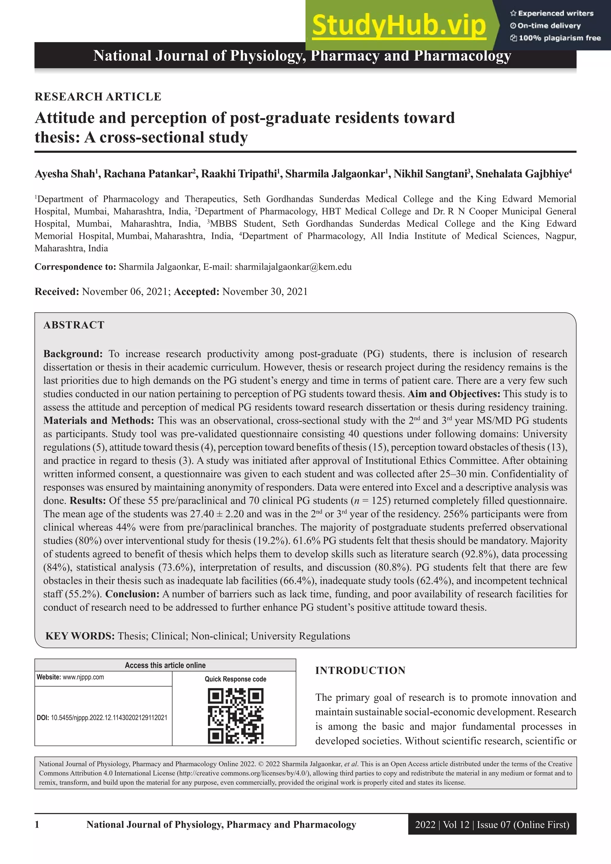 Attitude And Perception Of Post-Graduate Residents Toward Thesis A ...