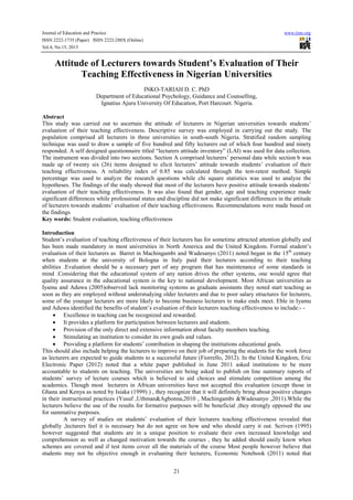 Attitude of lecturers towards student’s evaluation of their teaching effectiveness in nigerian ...