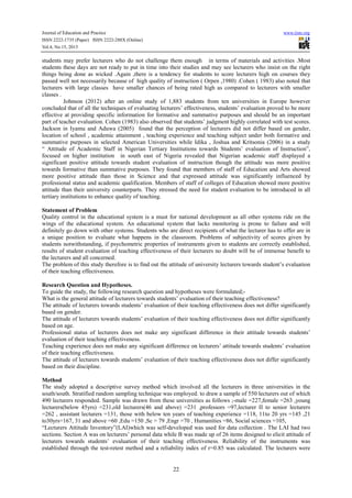 Attitude of lecturers towards student’s evaluation of their teaching effectiveness in nigerian ...