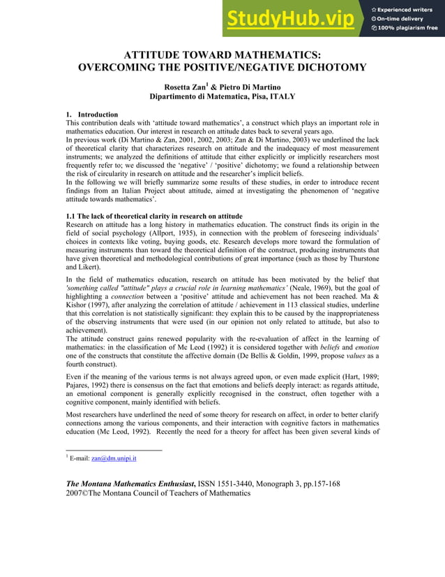 ATTITUDE TOWARD MATHEMATICS OVERCOMING THE POSITIVE NEGATIVE DICHOTOMY | PDF