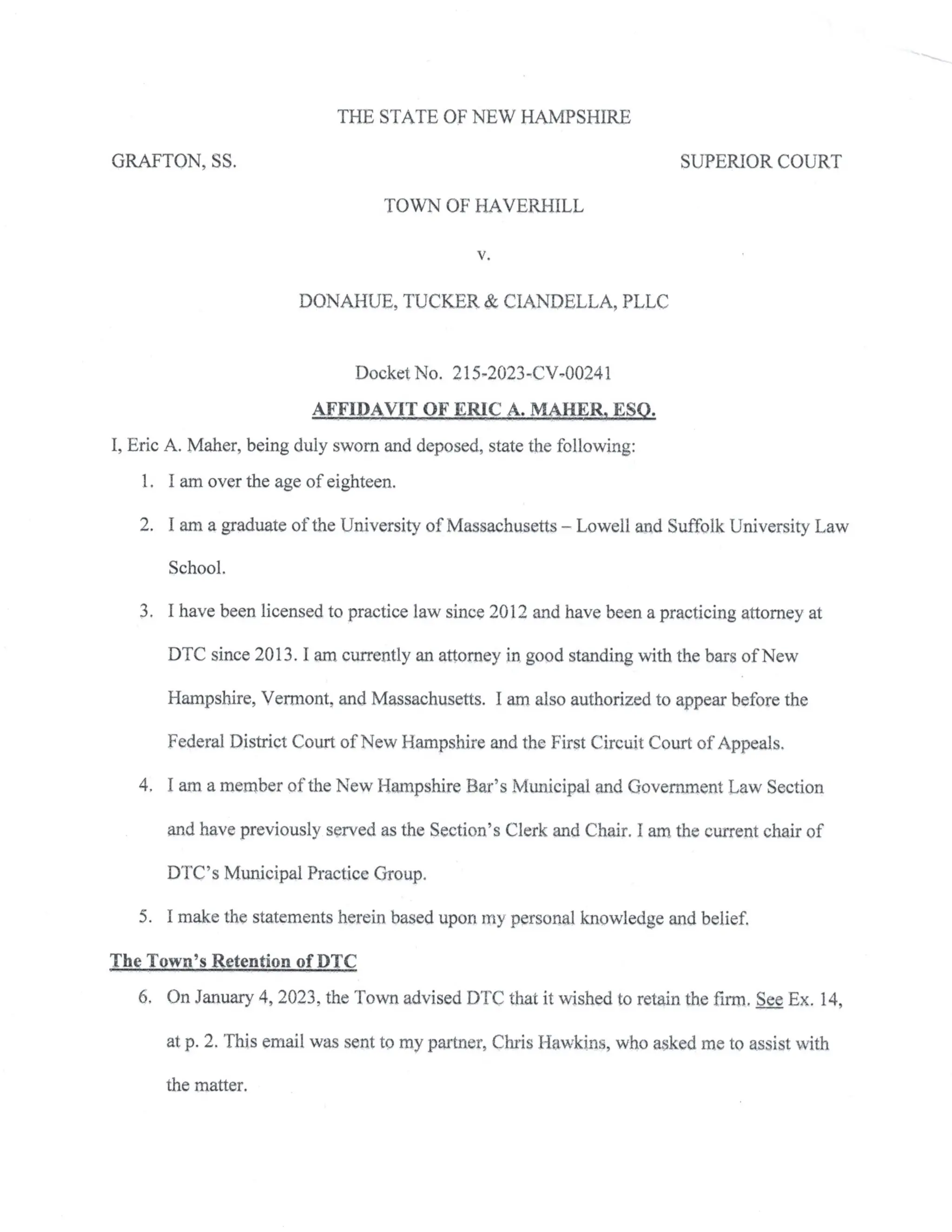 DTC Attorney Eric Maher Affidavit for DTC Case vs. Town of Haverhill ...