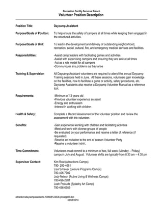 Daycamp Assistant Position Description | DOC | Daycare and Pre-School ...