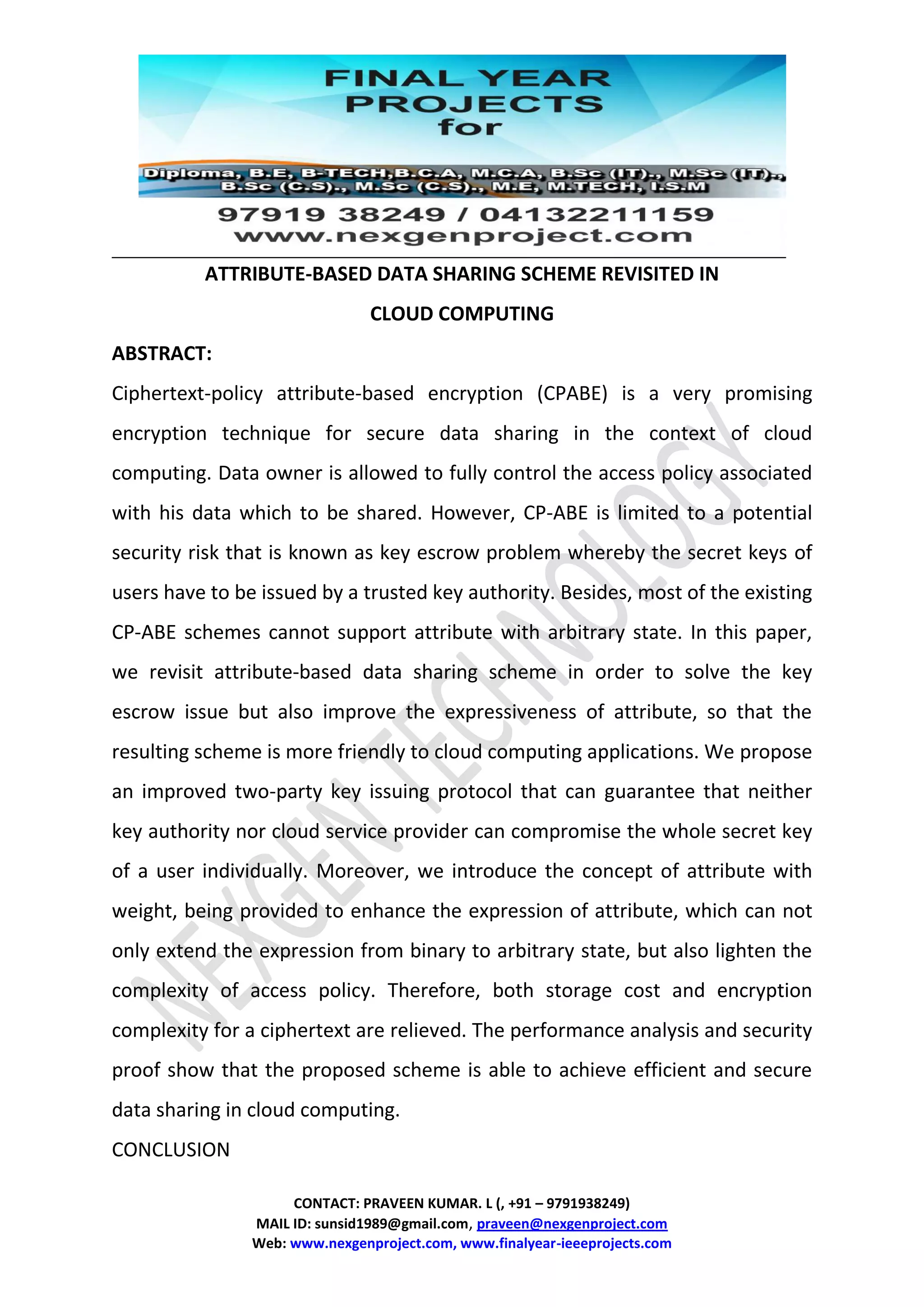 Attribute Based Data Sharing Scheme Revisited In Cloud Computing Bulk Ieee Projects Pdf