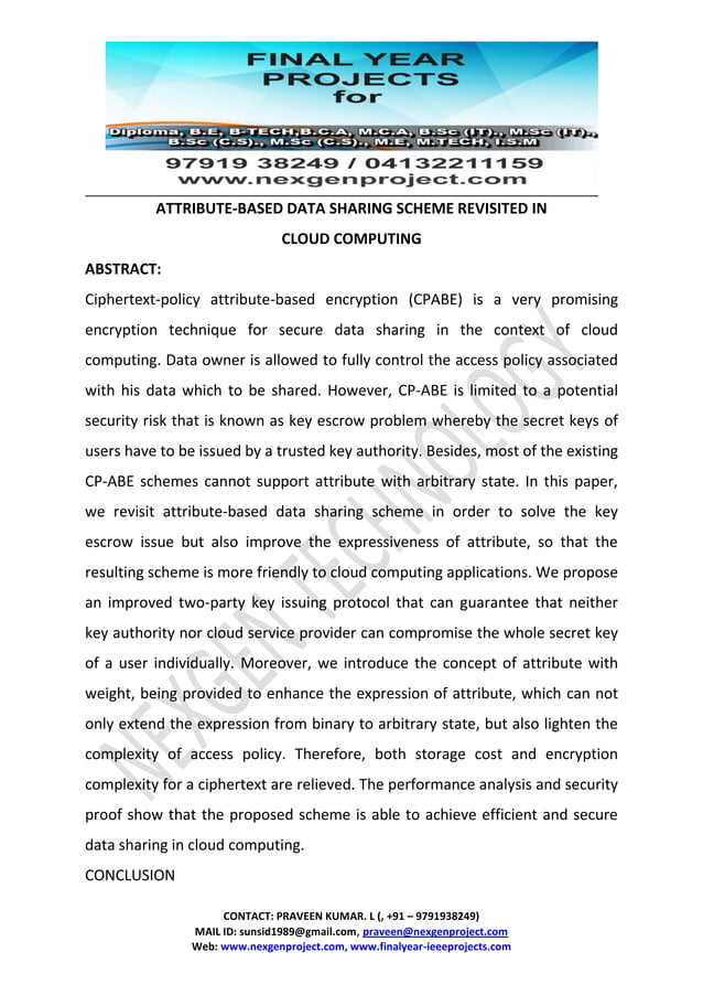 ATTRIBUTE-BASED DATA SHARING SCHEME REVISITED IN CLOUD COMPUTING,bulk ieee projects , | PDF