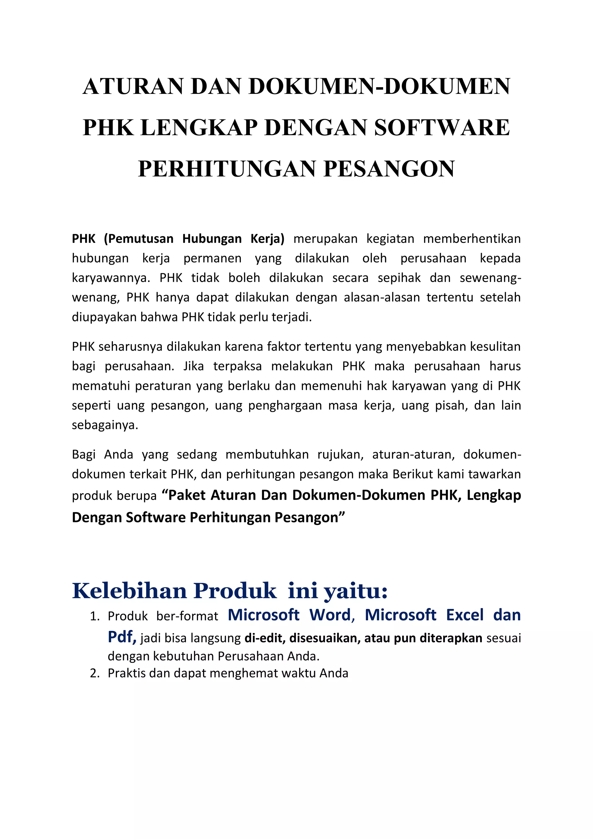 Aturan dan dokumen2 phk lengkap dengan software perhitungan pesangon | PDF