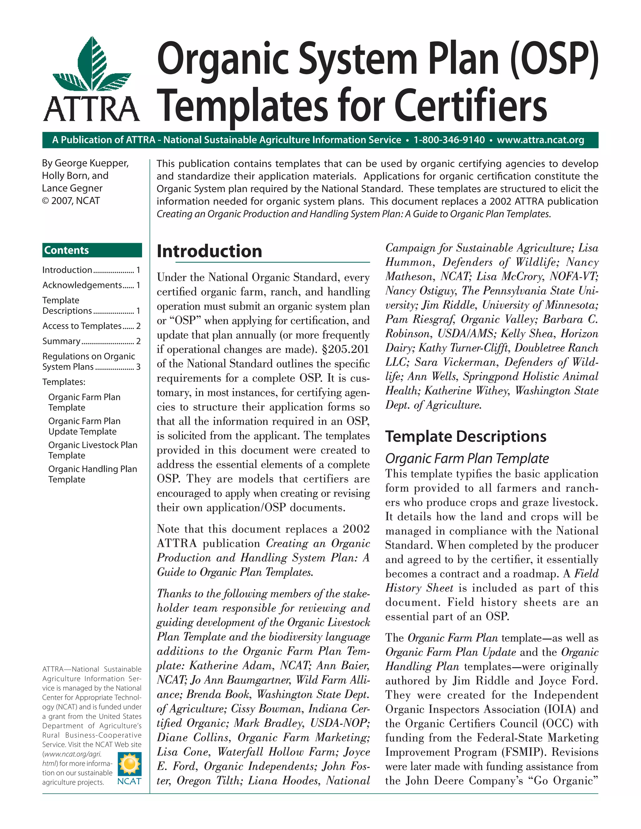 Organic System Plan (OSP) Templates for Certifiers | PDF