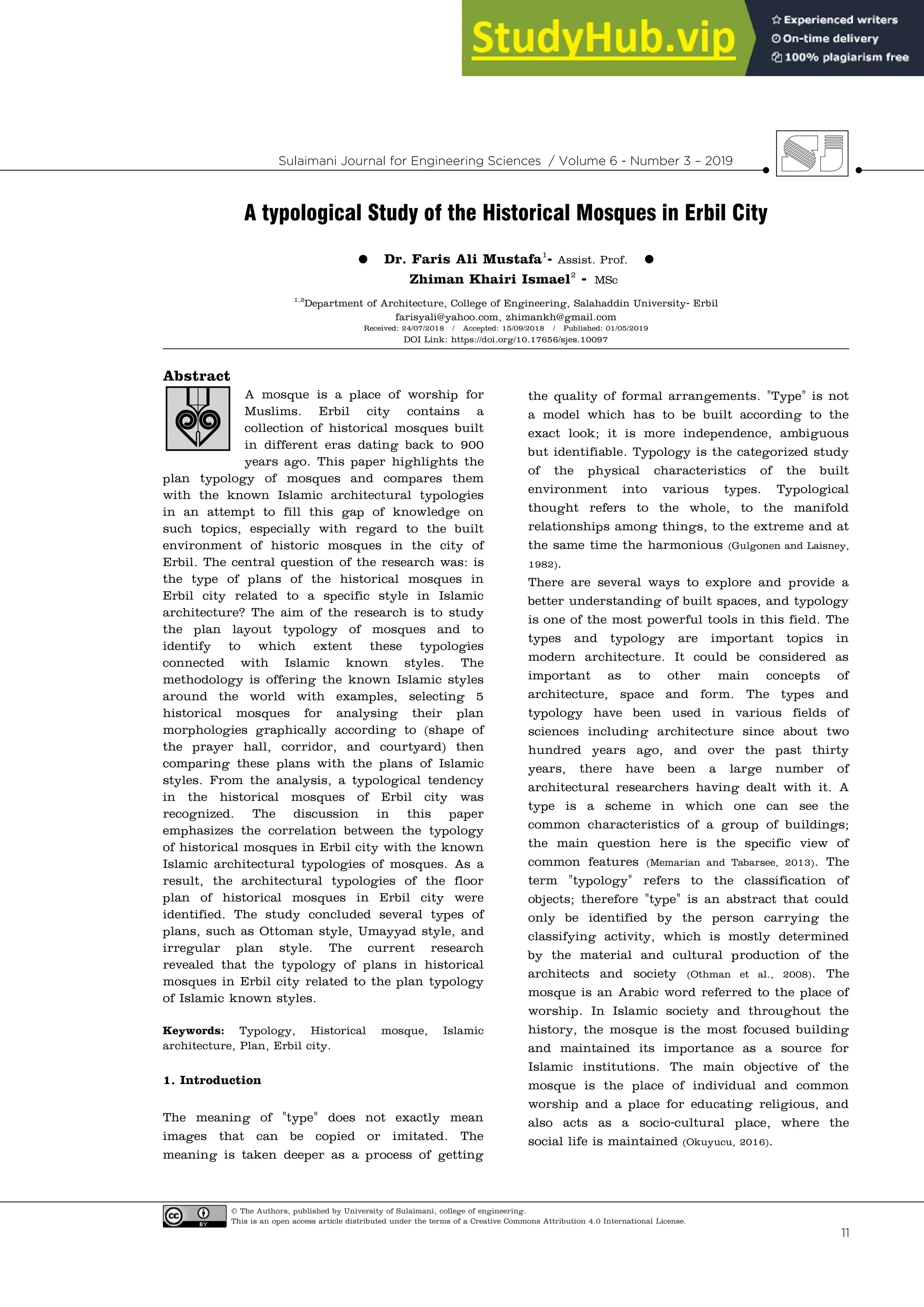 A Typological Study Of The Historical Mosques In Erbil City | PDF