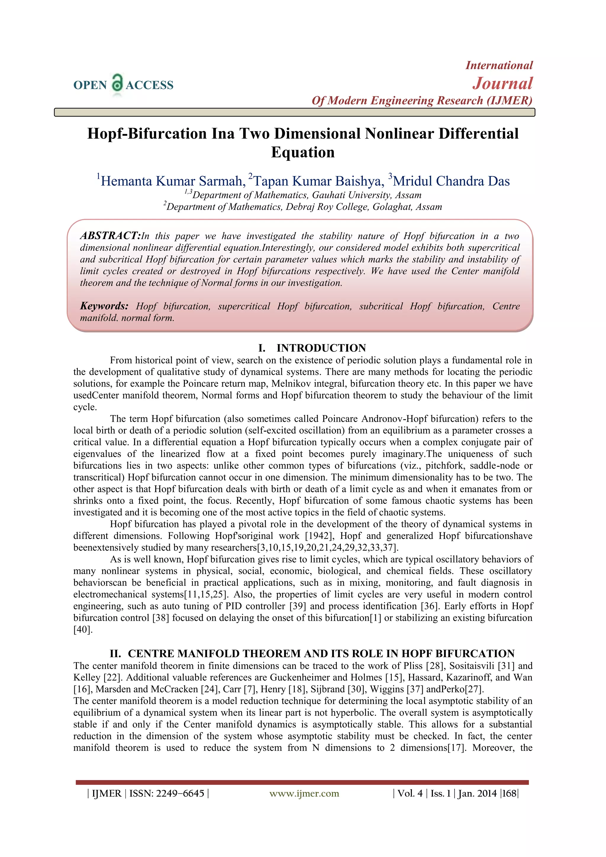 Hopf-Bifurcation Ina Two Dimensional Nonlinear Differential Equation | PDF