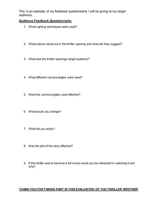 Audience feedback questionnaire2 | DOCX | Screenwriting | Content ...