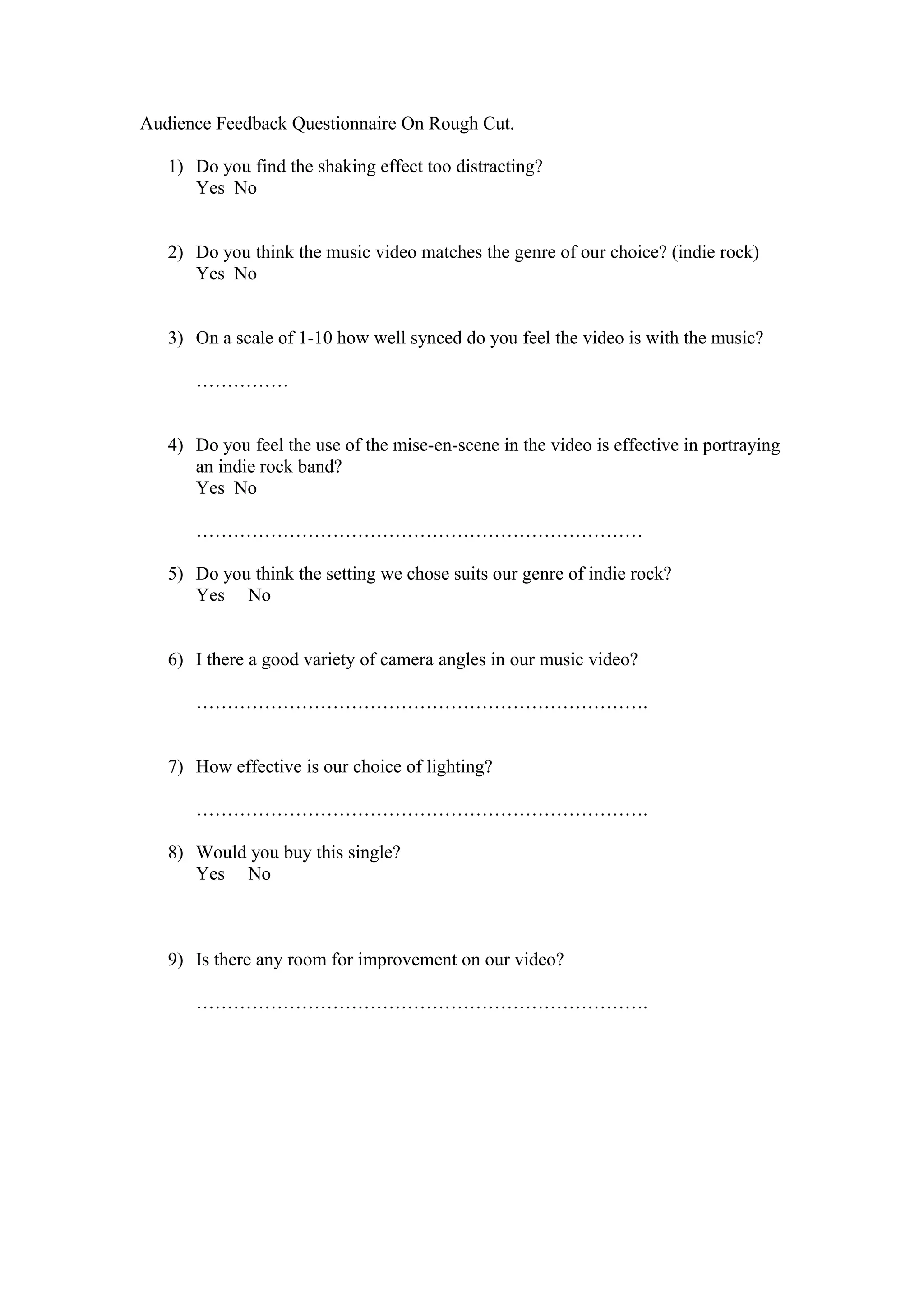 Audience feedback questionnaire on rough cut | PDF