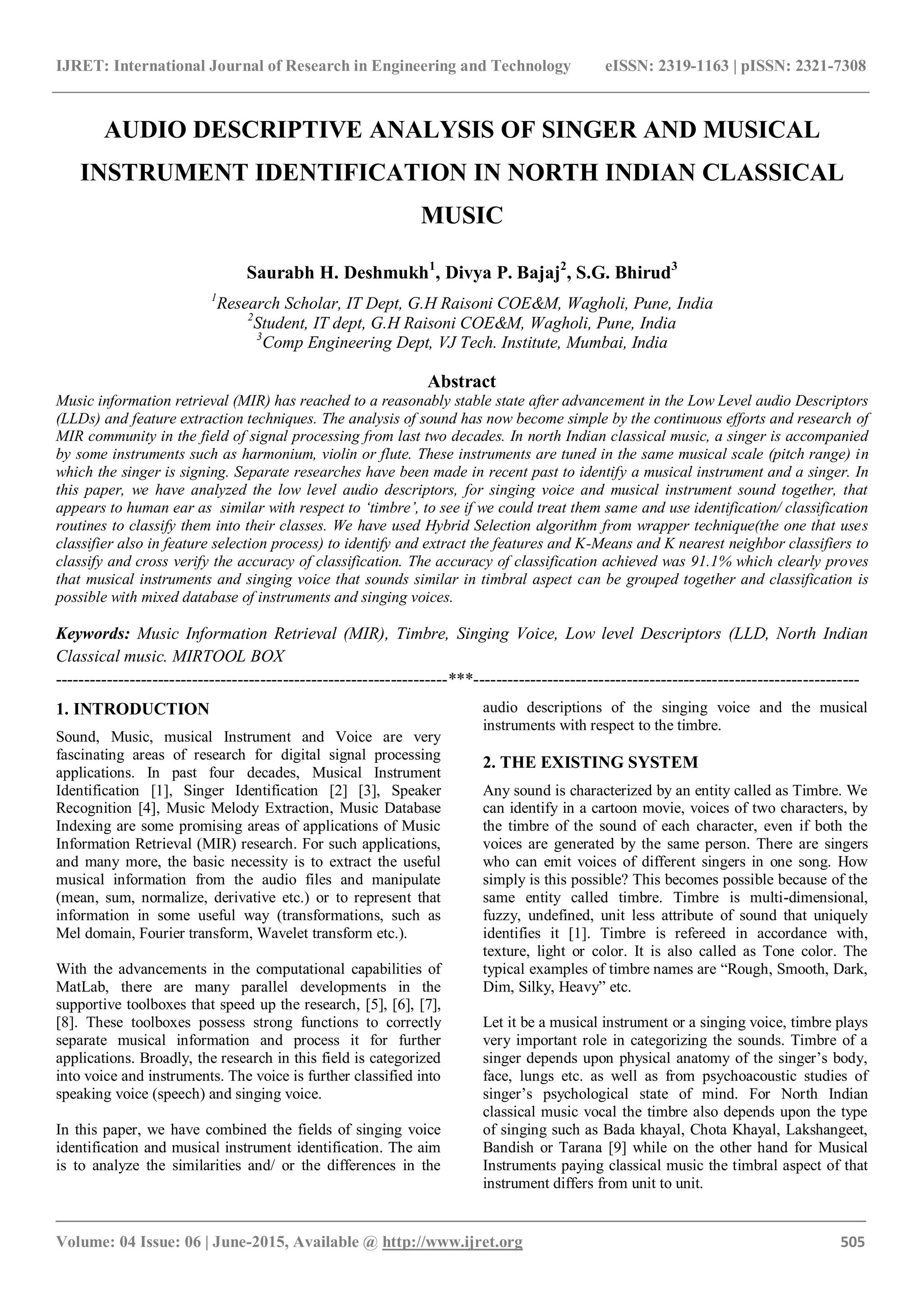 Audio descriptive analysis of singer and musical instrument ...