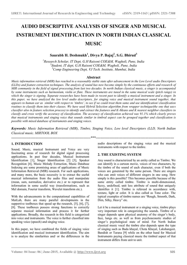 Audio descriptive analysis of singer and musical instrument ...