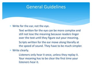 Audio script writing guide | PPTX | Talk Show | Genres