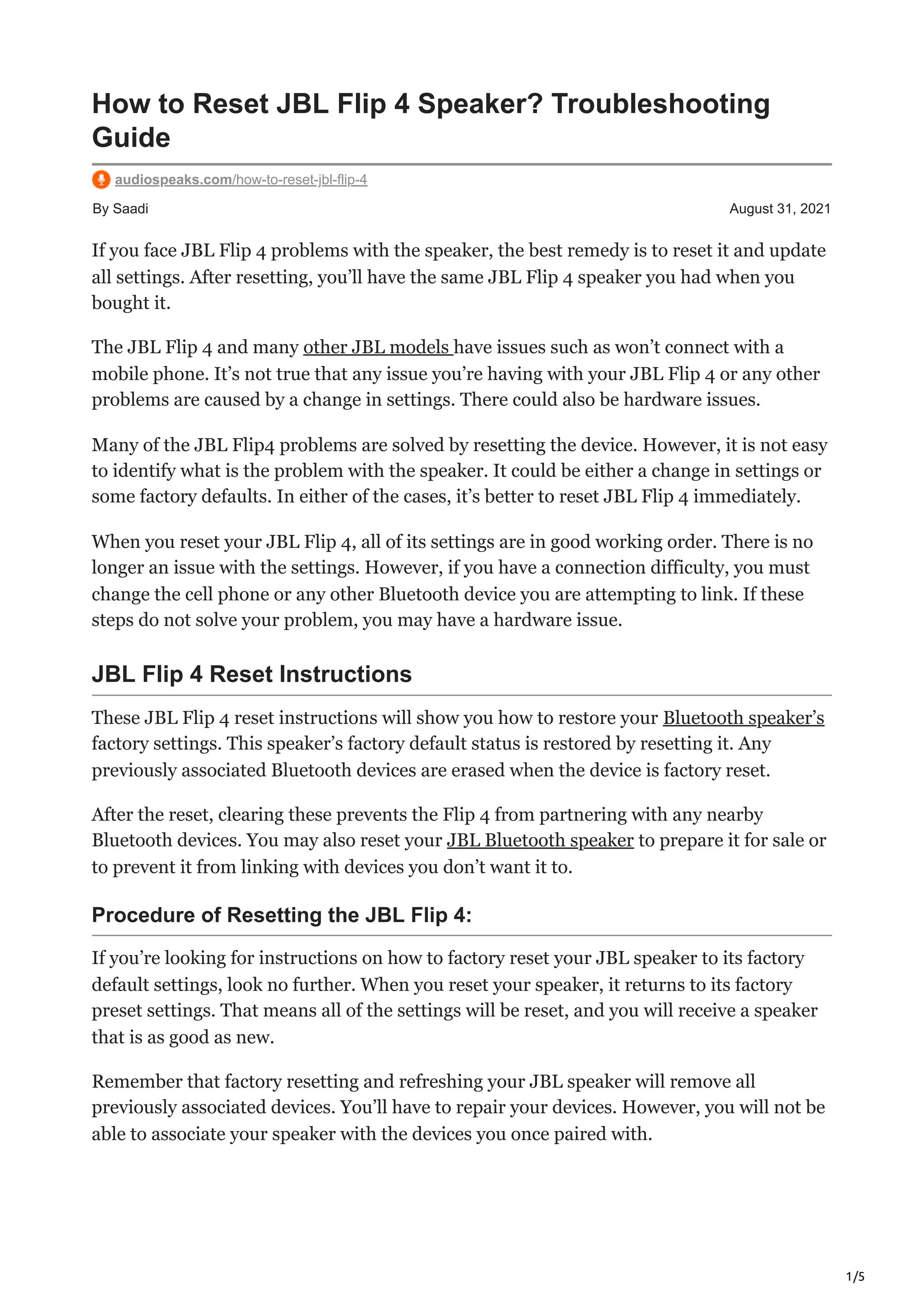 How to Reset JBL Flip 4 Speaker Troubleshooting Guide | PDF