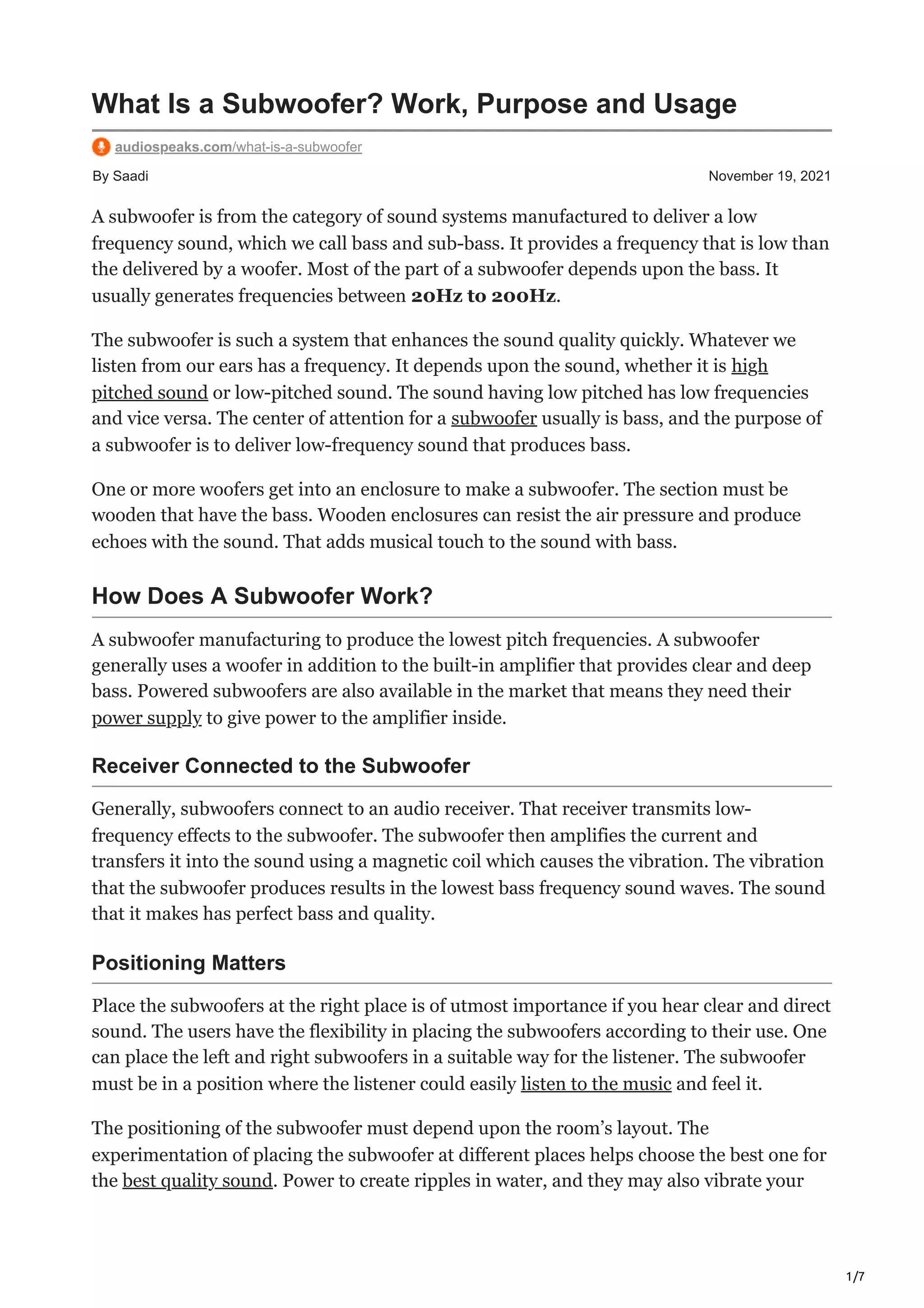 What Is a Subwoofer Work Purpose and Usage | PDF