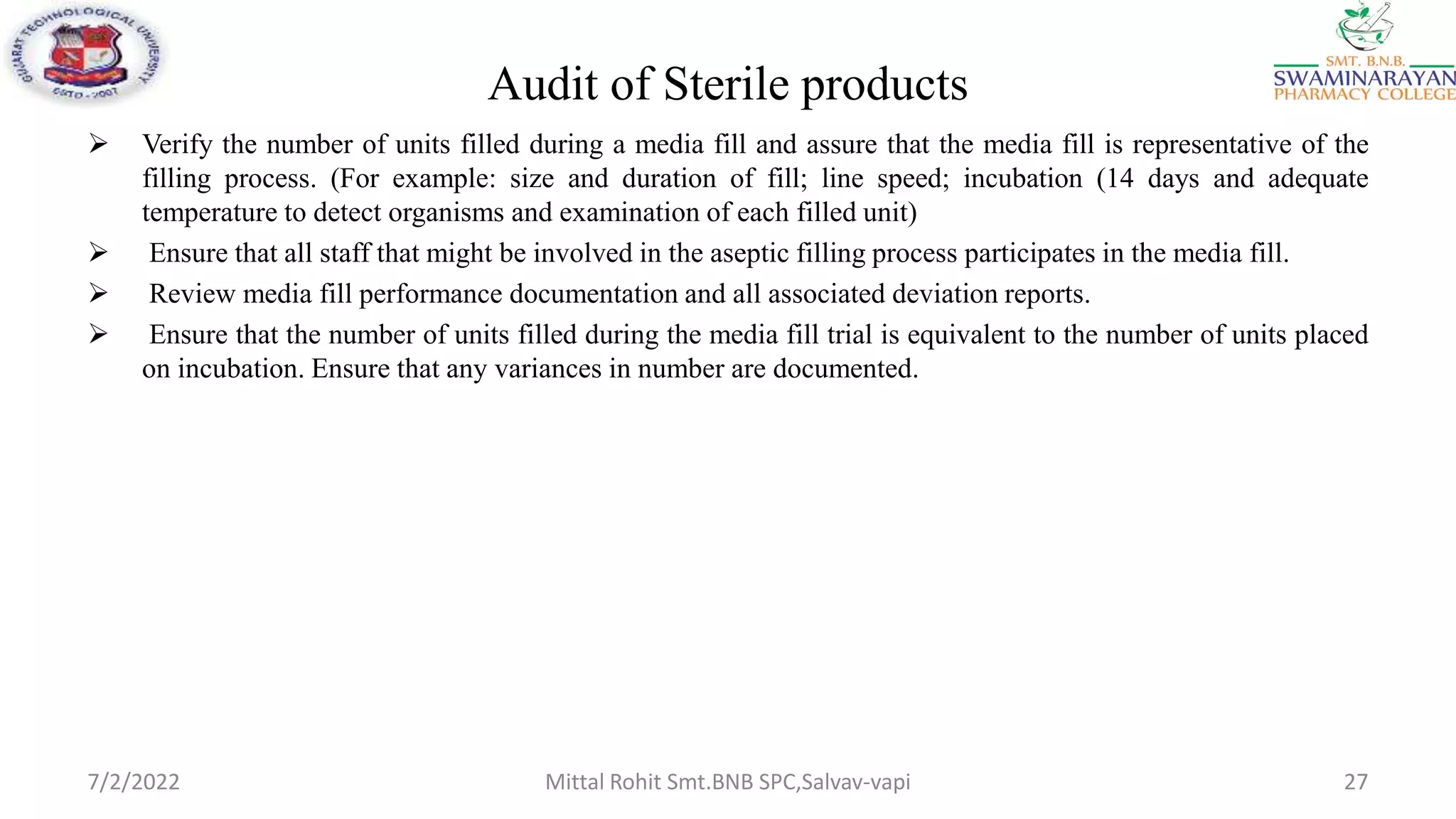 Auditing of capsule, sterile production and packaging | PPTX