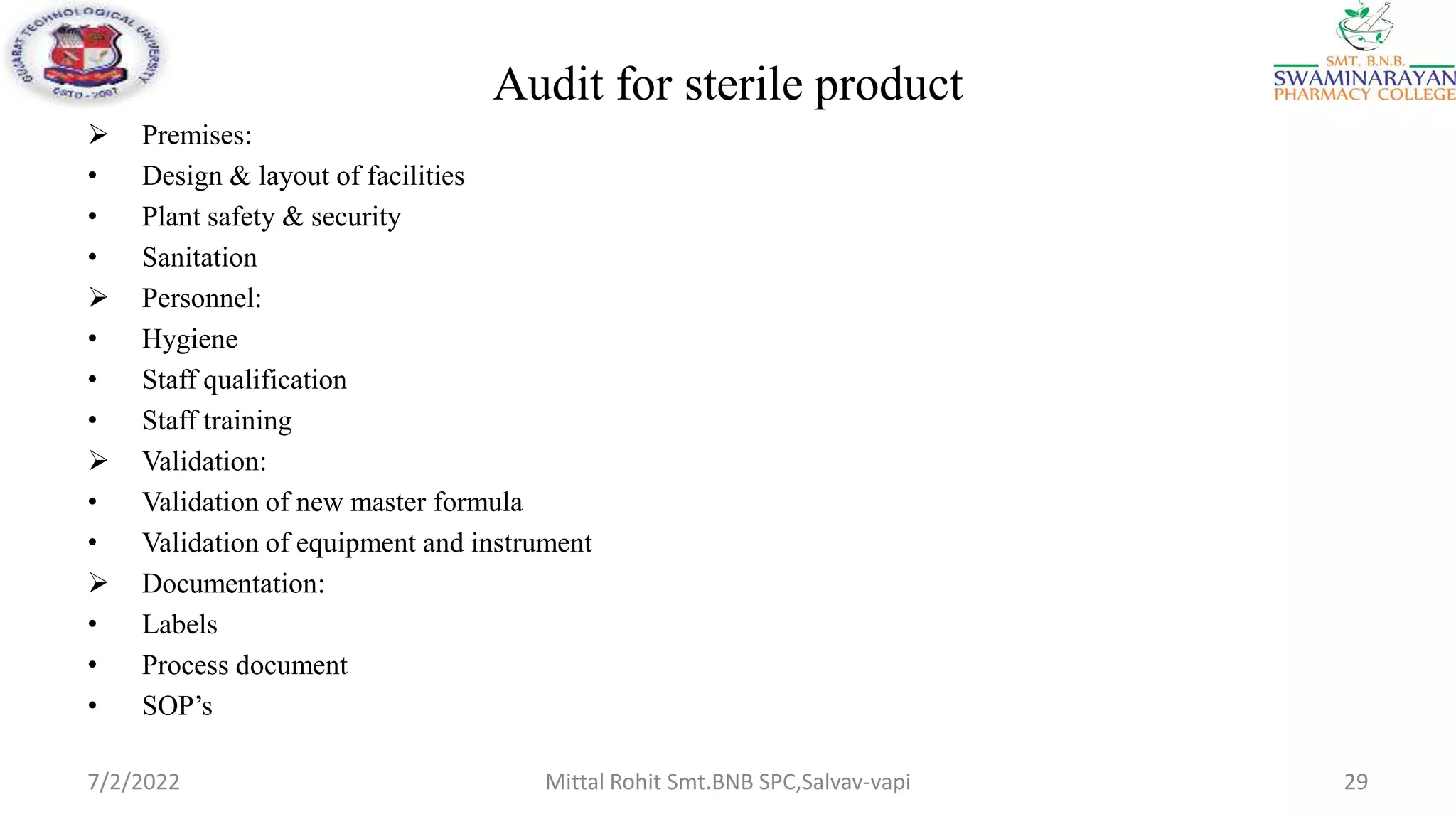 Auditing of capsule, sterile production and packaging | PPTX