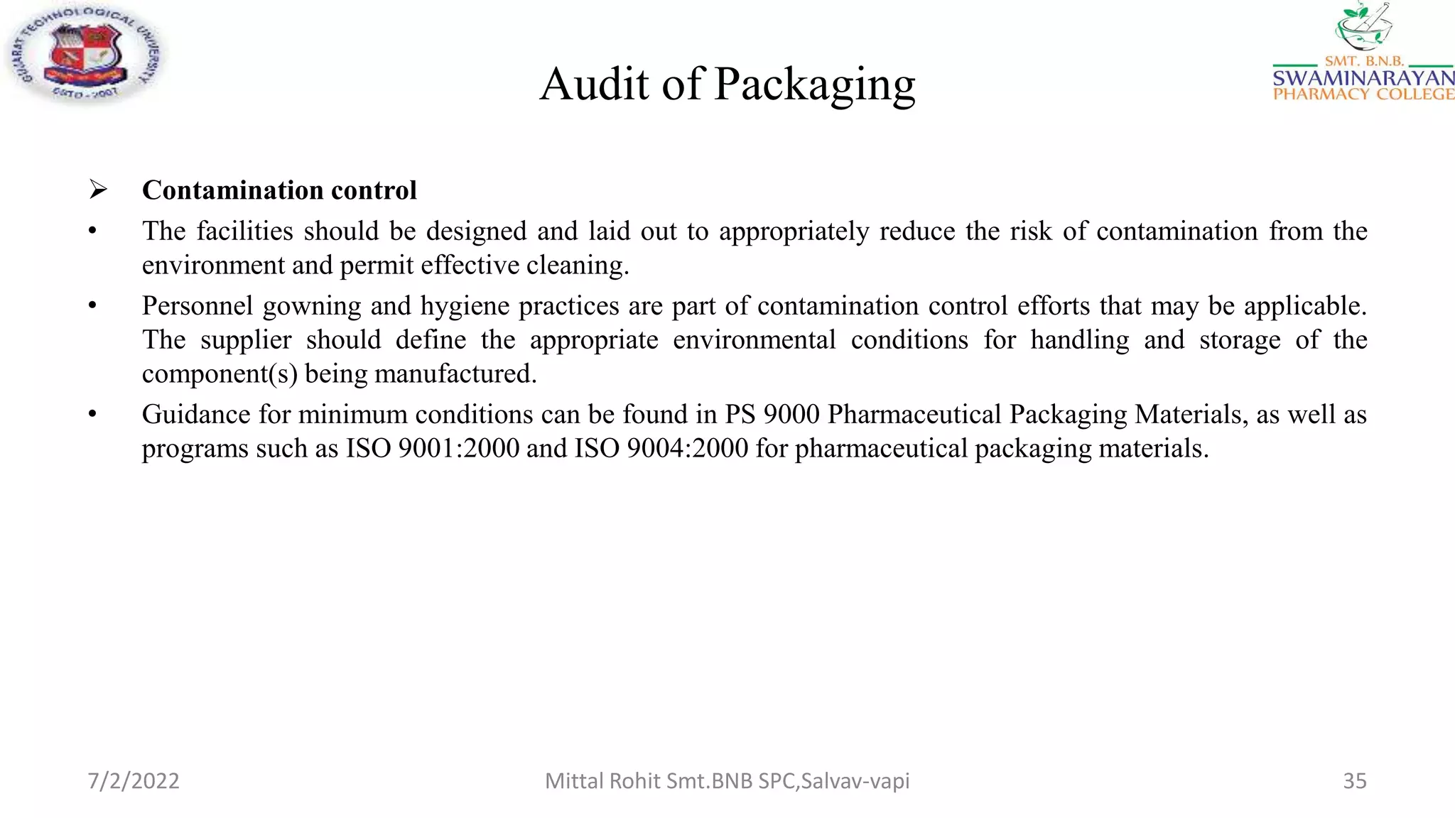 Auditing of capsule, sterile production and packaging | PPTX