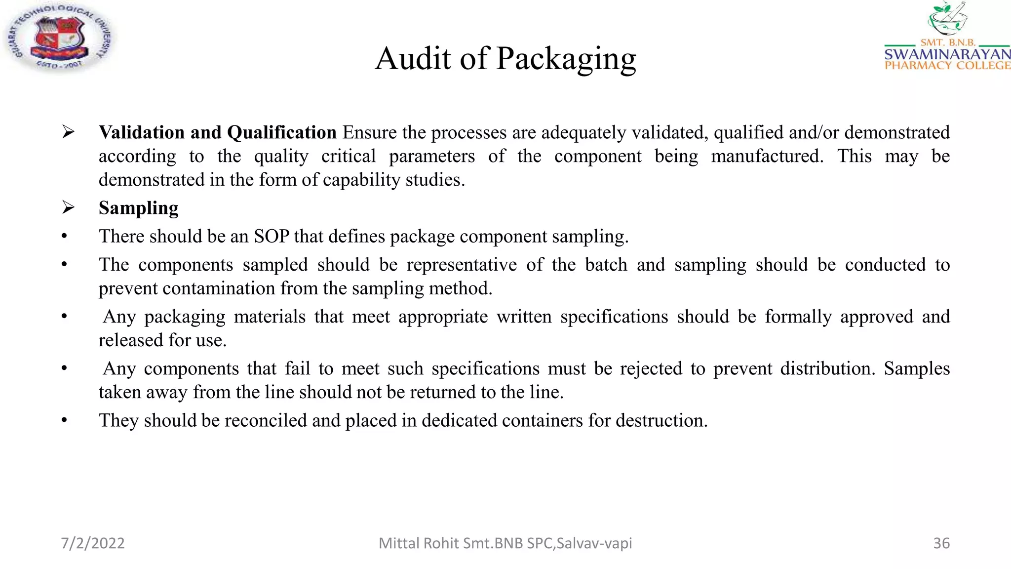 Auditing of capsule, sterile production and packaging | PPTX