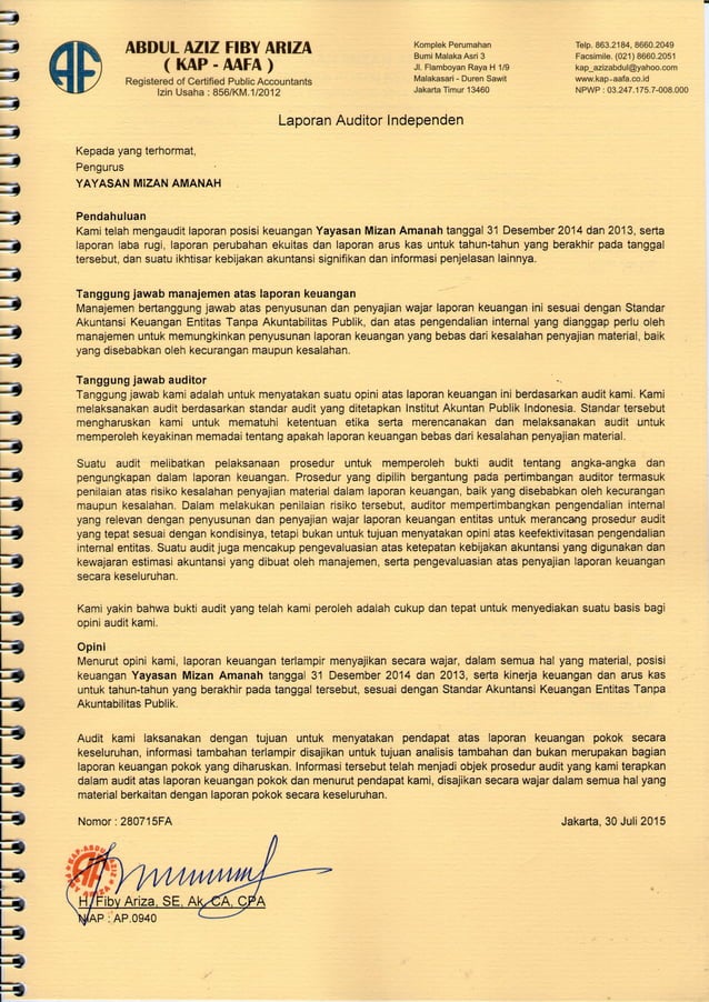 Laporan Audit KAP Mizan Amanah Tahun 2014 | PDF