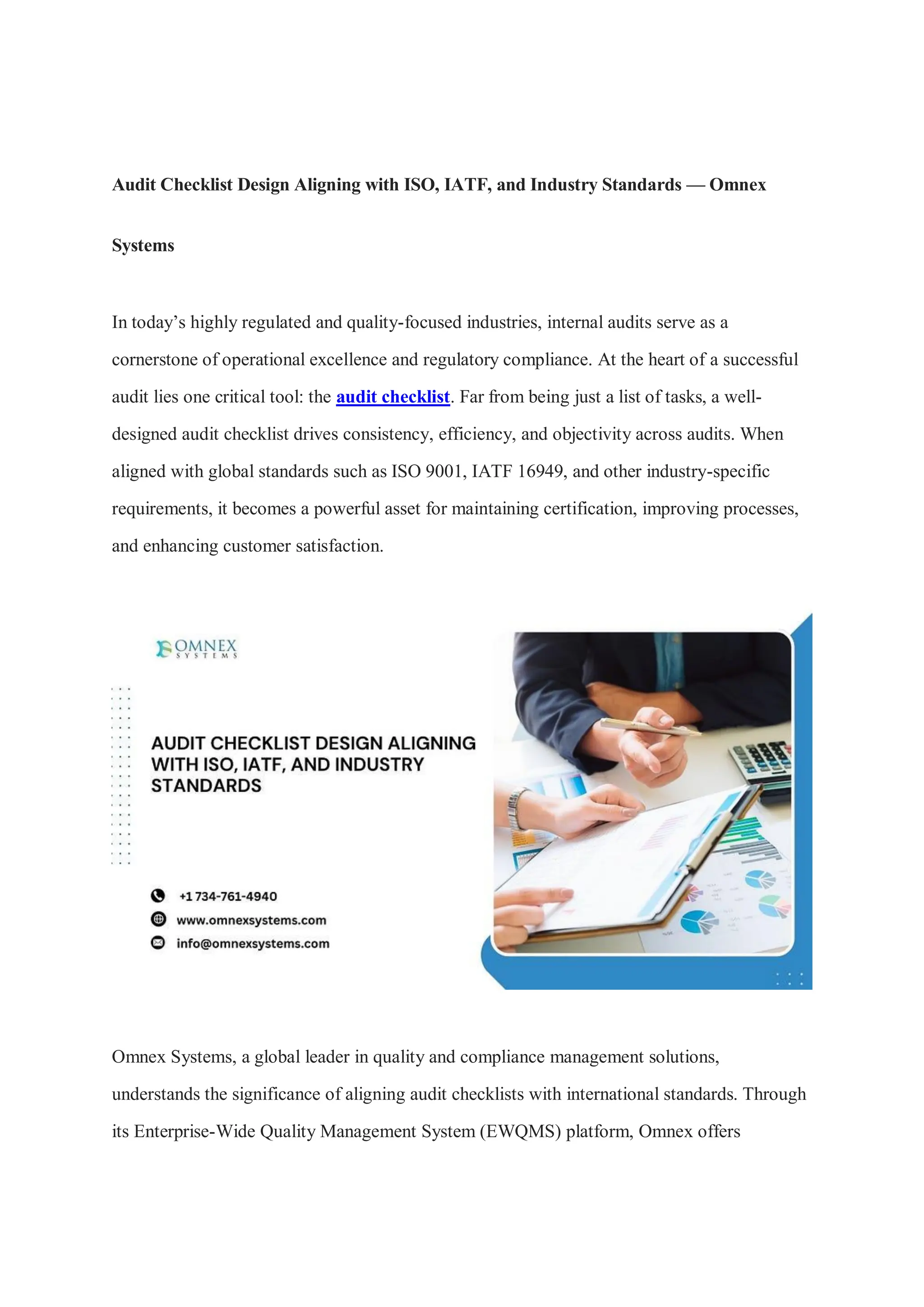 Audit Checklist Design Aligning with ISO, IATF, and Industry Standards — Omnex Systems.pdf