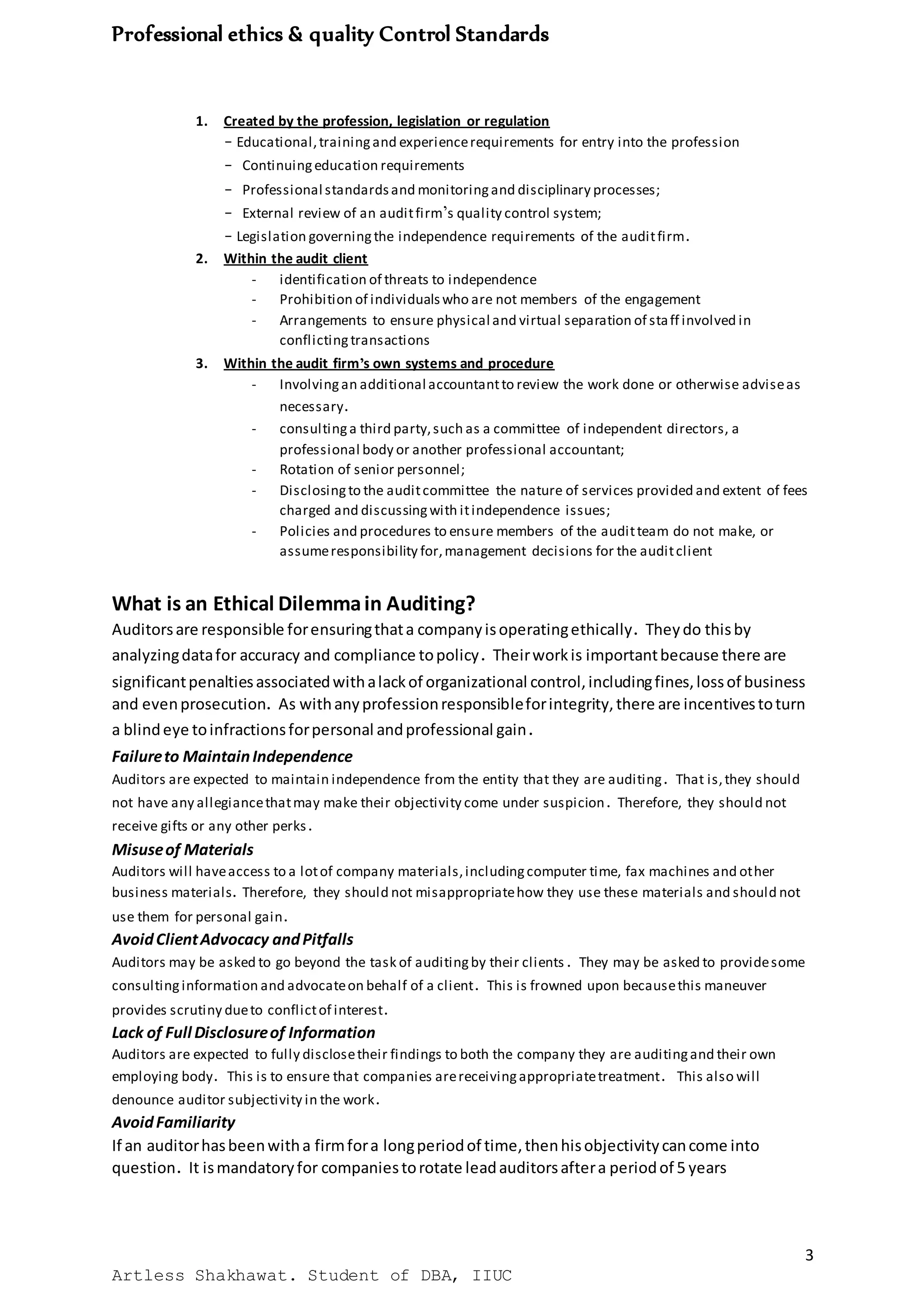 Professional ethics & quality Control Standards (Audit) | DOCX