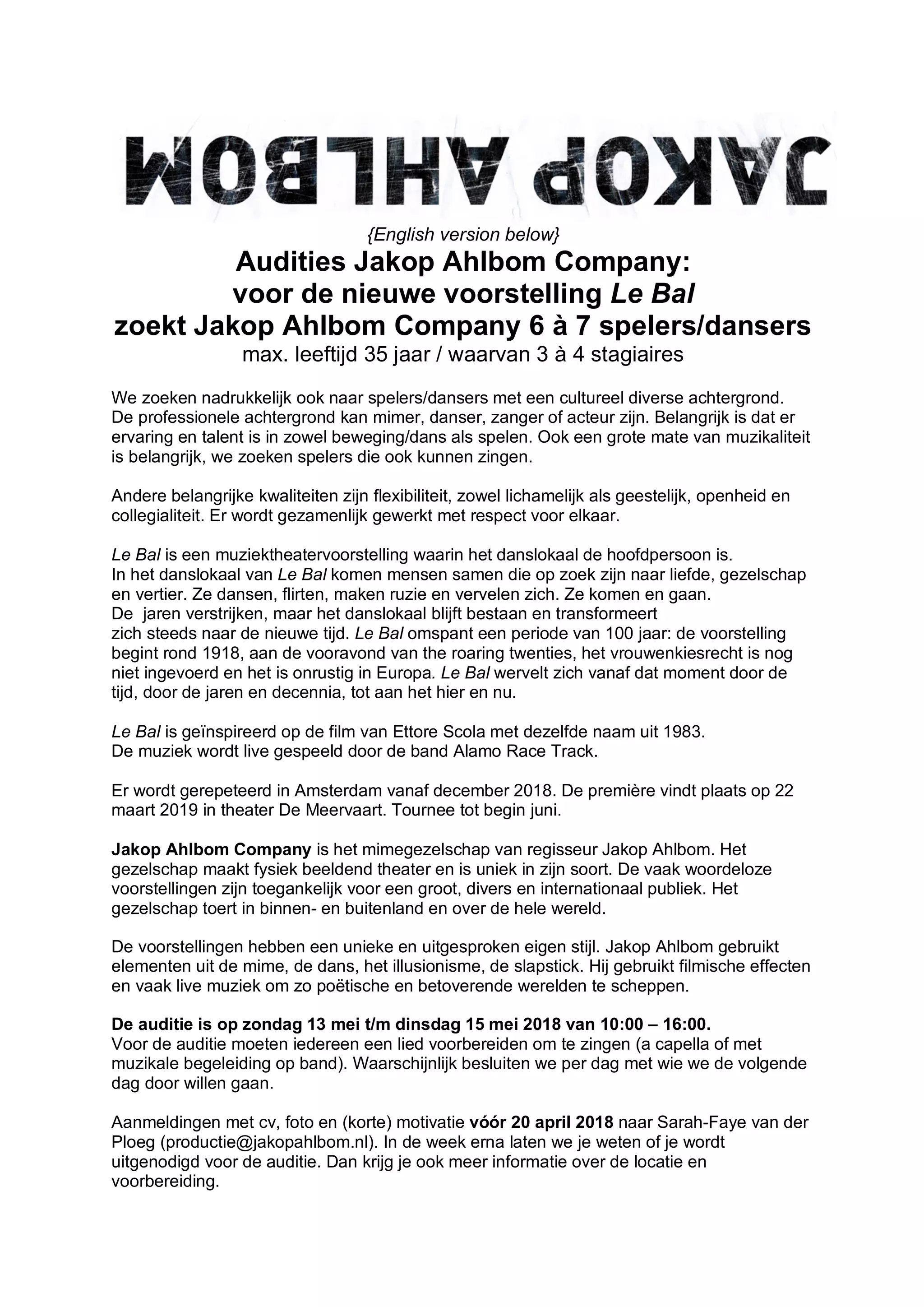 Auditie auditions - jakop ahlbom company - le bal | PDF