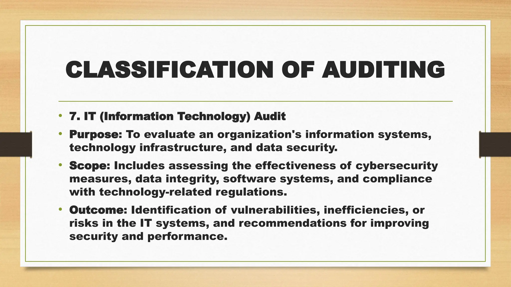 AUDITING TYPES-INTERNAL,EXTERNAL,IT,PERFORMANCE,... | PPTX
