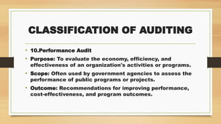 AUDITING TYPES-INTERNAL,EXTERNAL,IT,PERFORMANCE,... | PPT