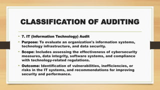 AUDITING TYPES-INTERNAL,EXTERNAL,IT,PERFORMANCE,... | PPTX