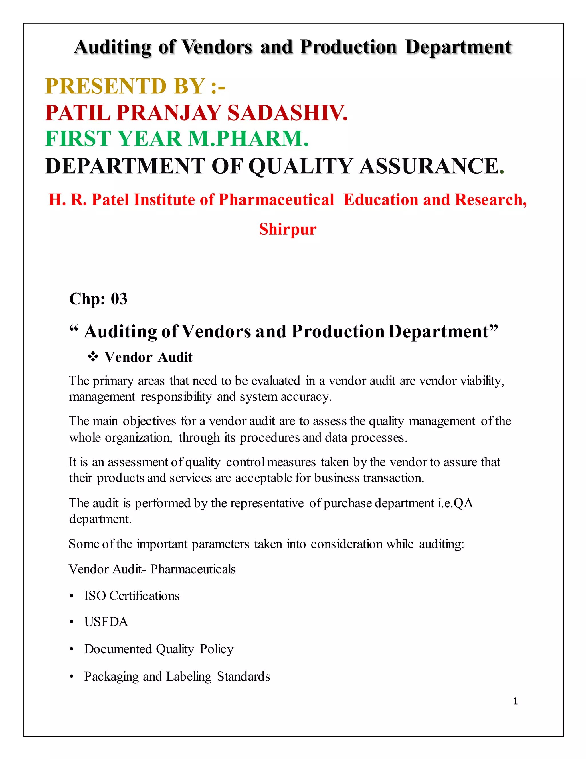 Auditing of vendors and production department | DOCX