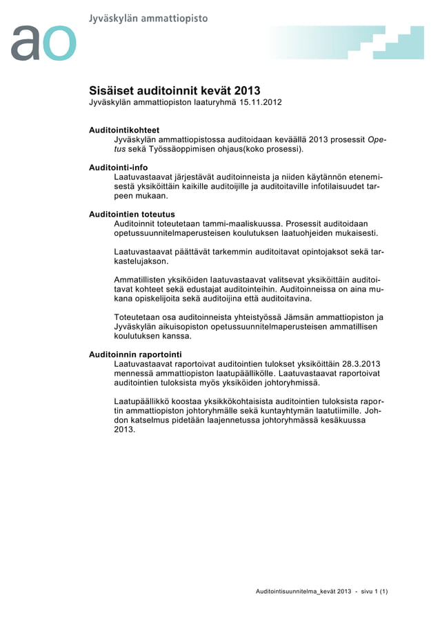 Auditointisuunnitelma to ohjaus | PDF