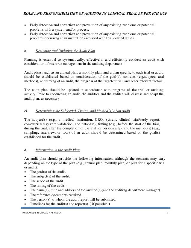 Auditors roles & responsibilities in CT as per ICHGCP