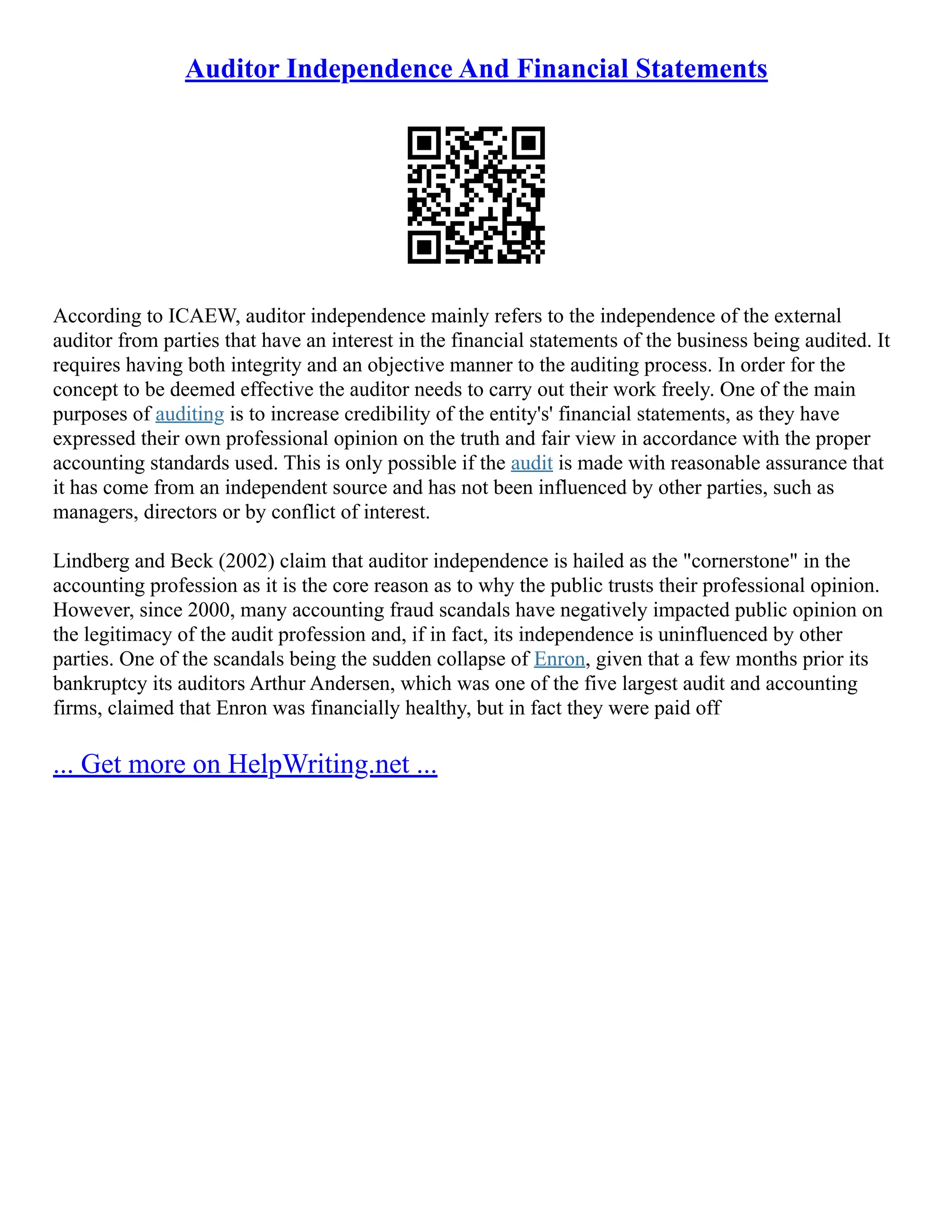 Auditor Independence And Financial Statements | PDF