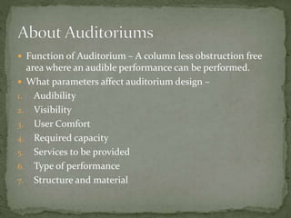Auditorium design architectural regulations and thumb rule proportions.pptx
