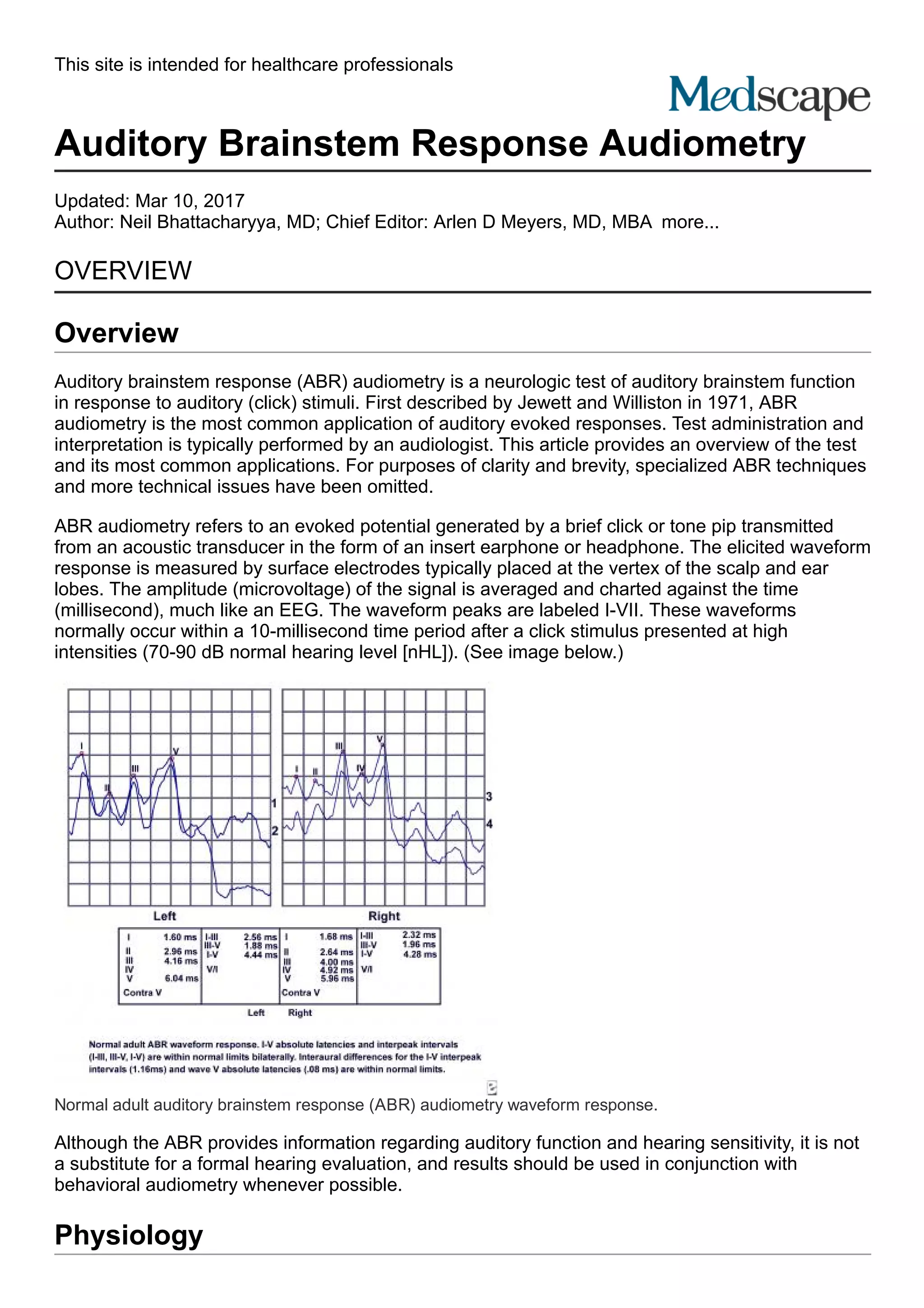 Auditory brainstem response audiometry overview, physiology ...