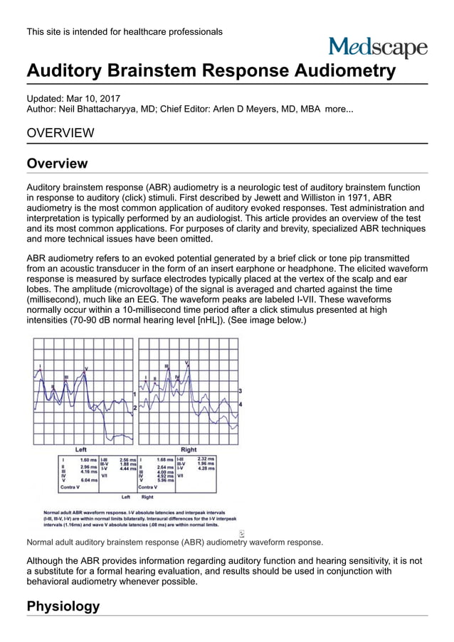 Auditory Brainstem Response Audiometry Overview Physiology