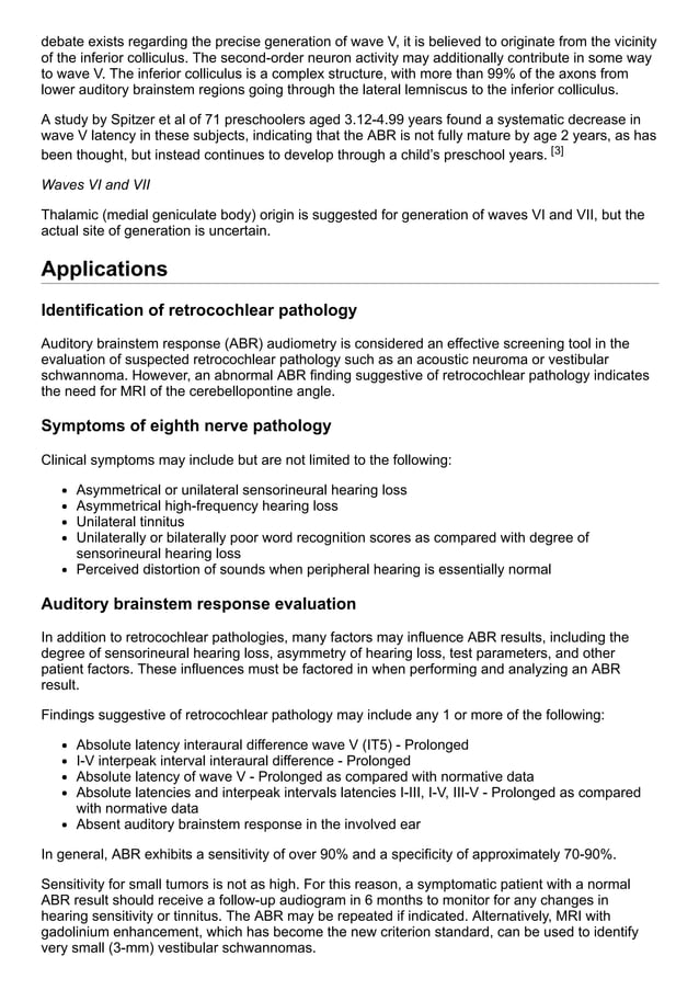 Auditory brainstem response audiometry overview, physiology, applications | PDF