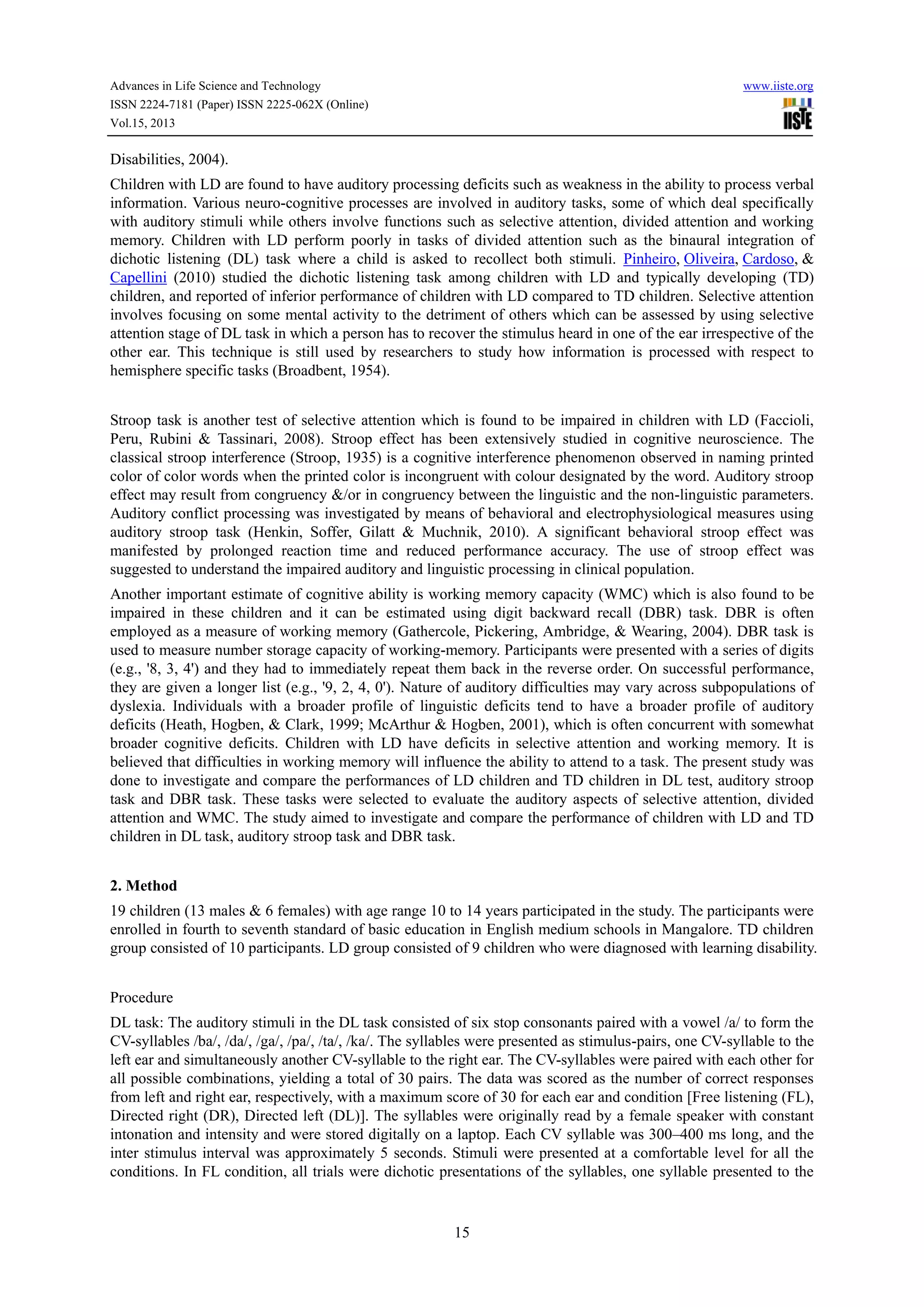 Auditory measures of attention & working memory in children with ...
