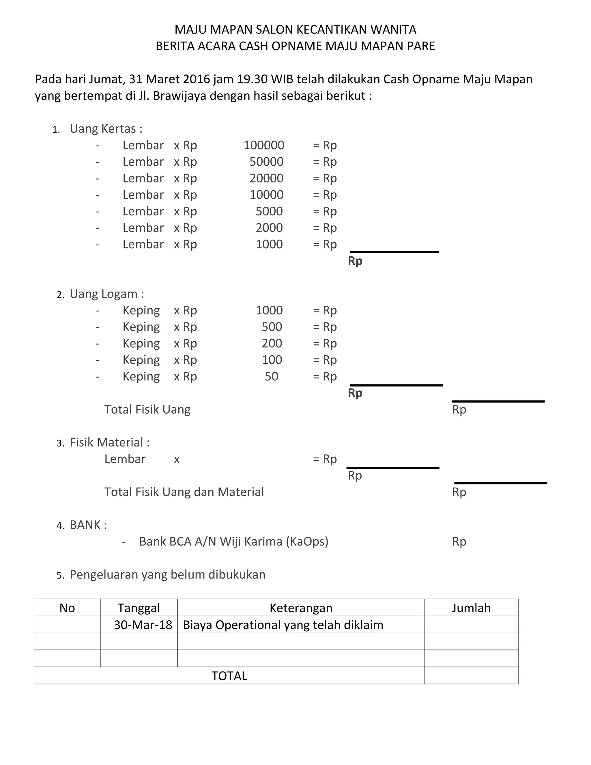 Audit Program Cash Opname | PDF