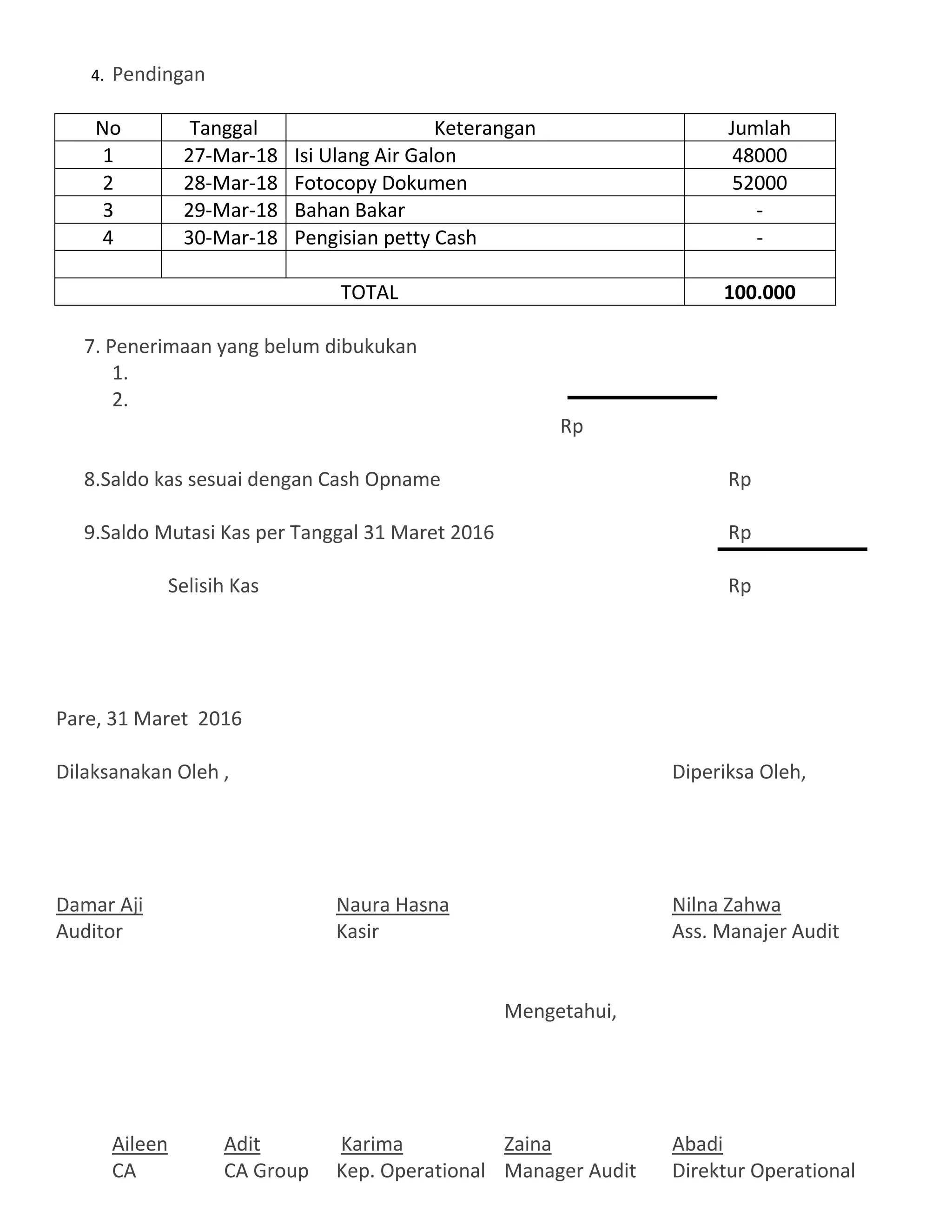 Audit Program Cash Opname | PDF