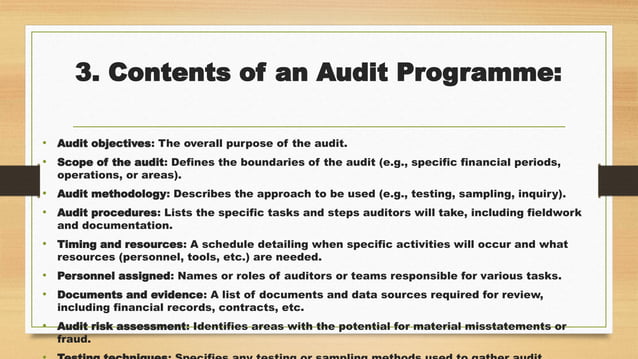 AUDIT PROGRAMME,OBJECTIVES,CHARACTERISTICS, CONTENTS | PPTX
