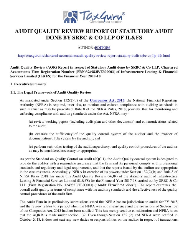 Audit Quality Review Report of Statutory Audit done by SRBC & Co LLP of IL&FS | PDF