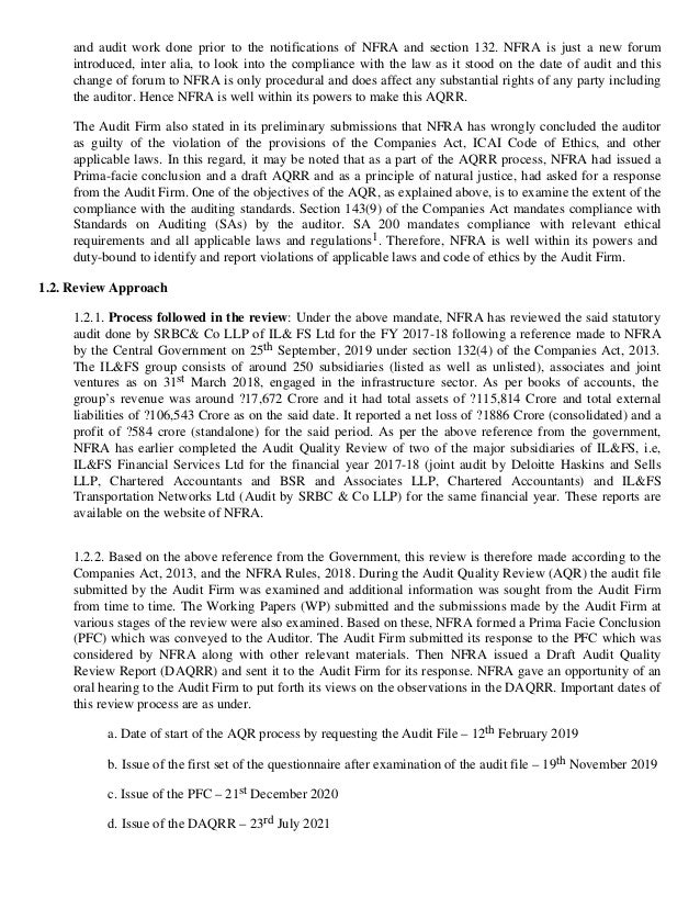 Audit Quality Review Report of Statutory Audit done by SRBC & Co LLP of IL&FS | PDF