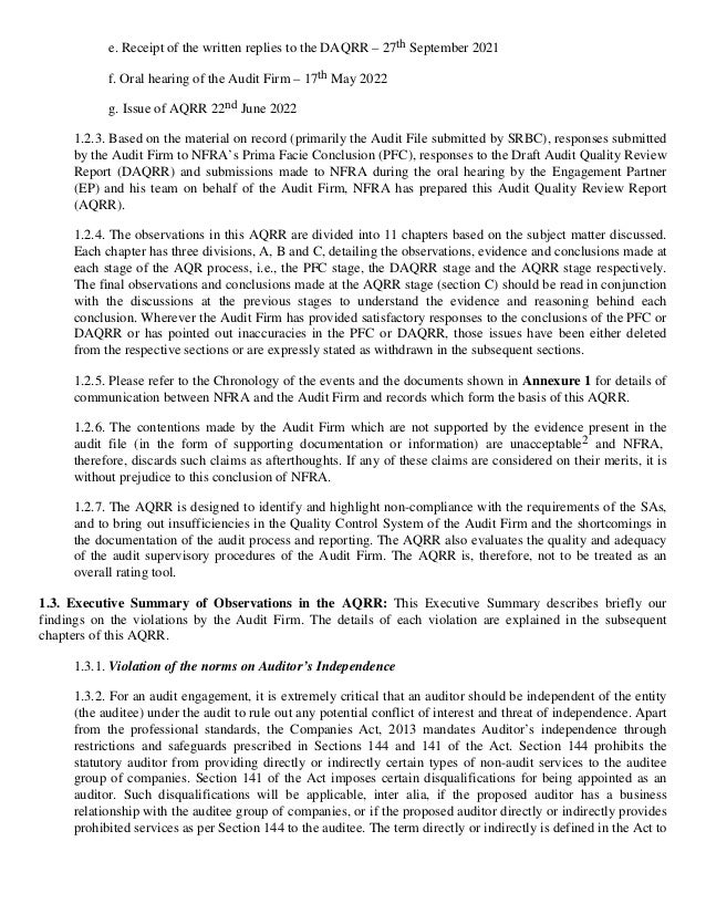 Audit Quality Review Report of Statutory Audit done by SRBC & Co LLP of ...