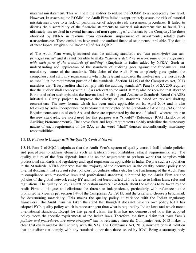 Audit Quality Review Report of Statutory Audit done by SRBC & Co LLP of ...