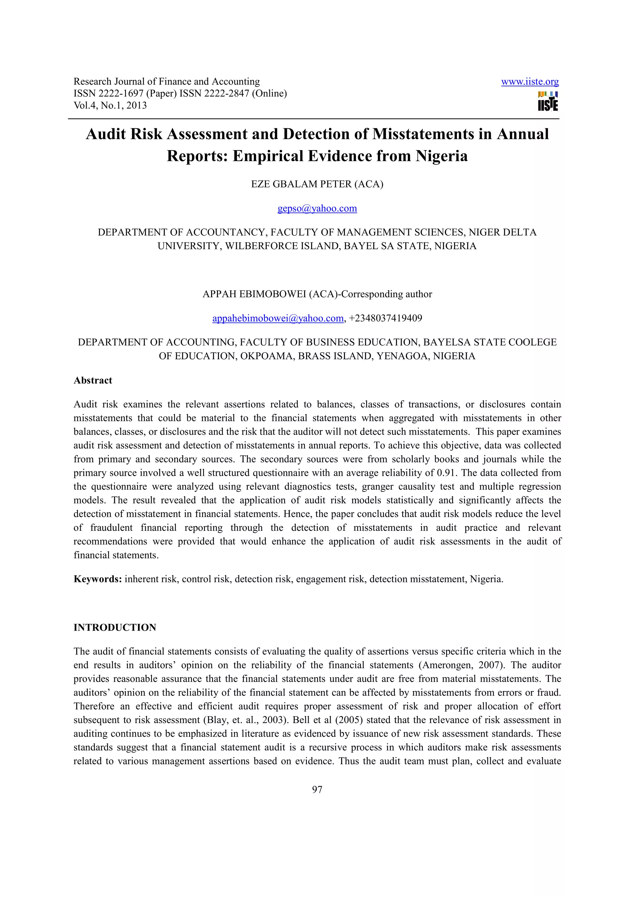 Audit risk assessment and detection of misstatements in annual reports ...