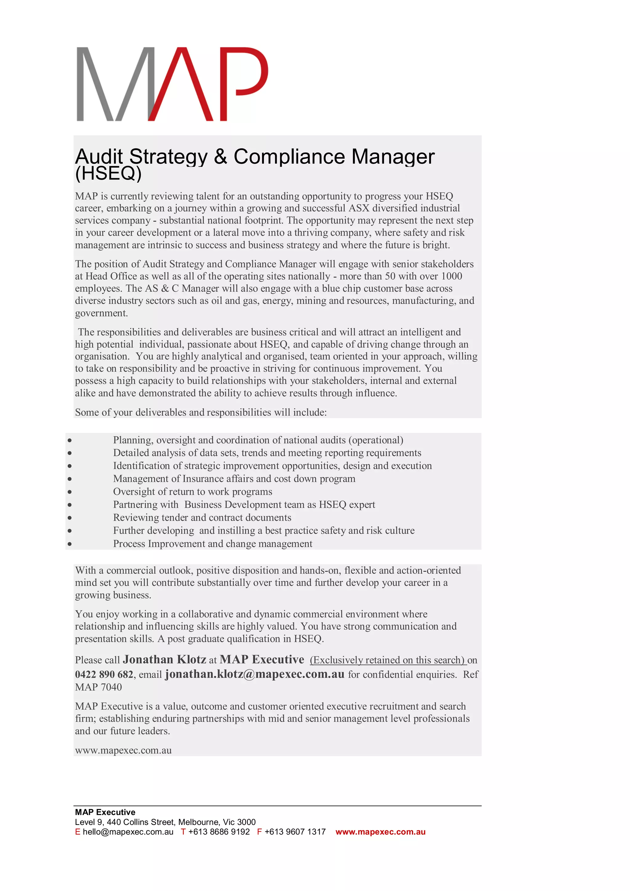 Audit Strategy & Compliance Manager (HSEQ) Melbourne | PDF