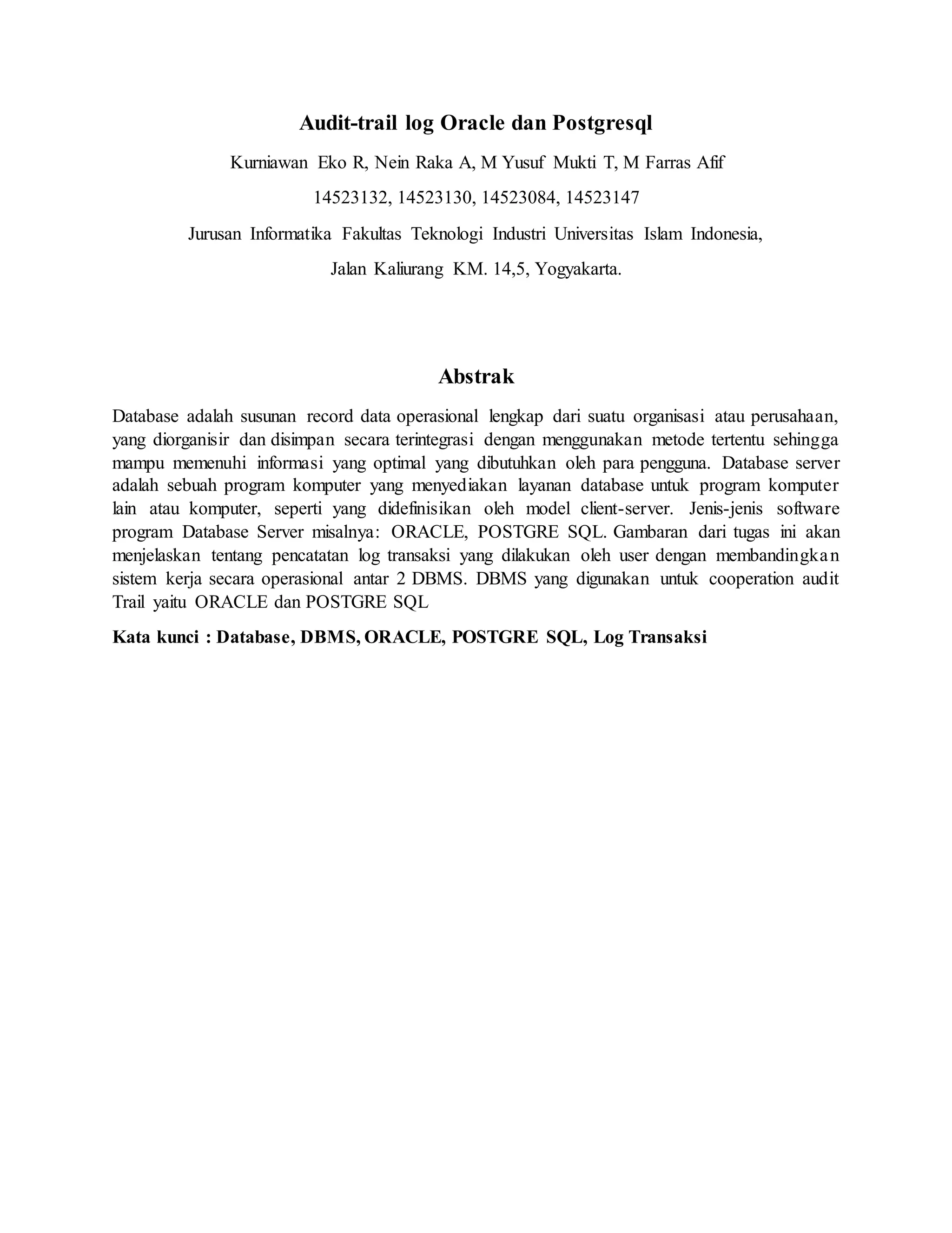 Audit Trail Comparison Oracle And Postgresql Docx