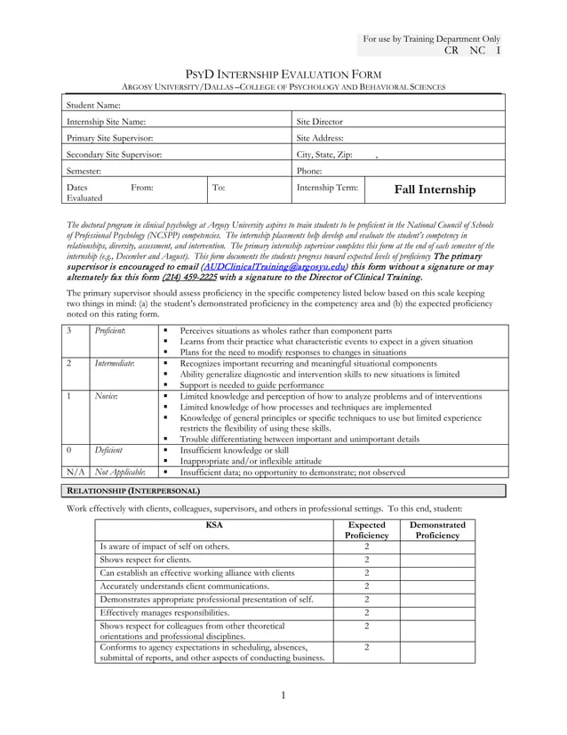 Aud practicum & internship evaluation forms psy d | PDF